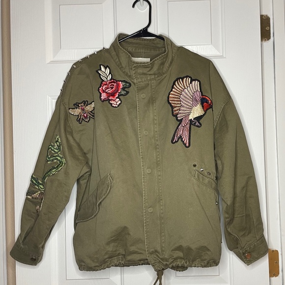 H&M | Jackets & Coats | Hm Army Green Embroidered Jacket W Zipper ...